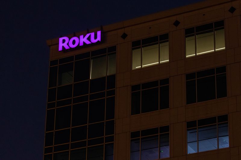 The Roku company logo is displayed on a building in – One America News ...